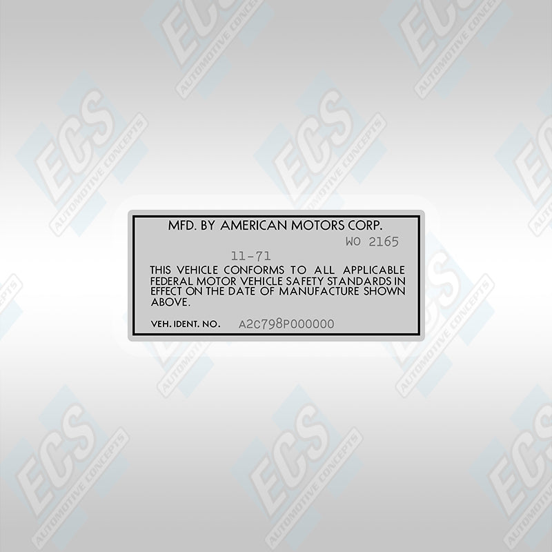 VIN Data Decal (1970-74 AMC Vehicles) – ECS Automotive Concepts