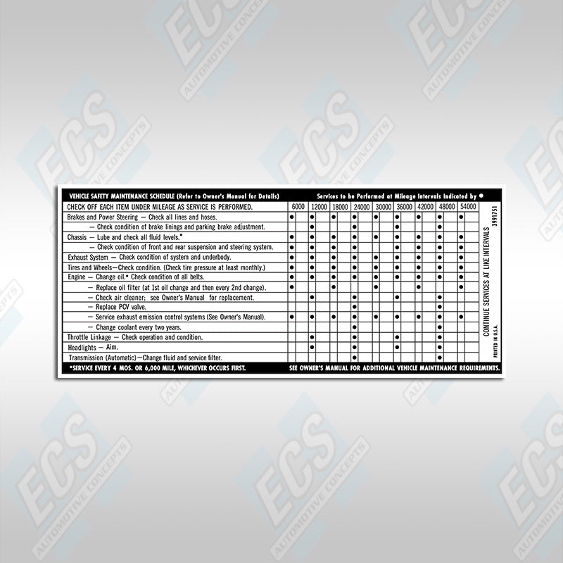 1969 Pontiac: Vehicle Maintenance Schedule Decal – ECS Automotive Concepts